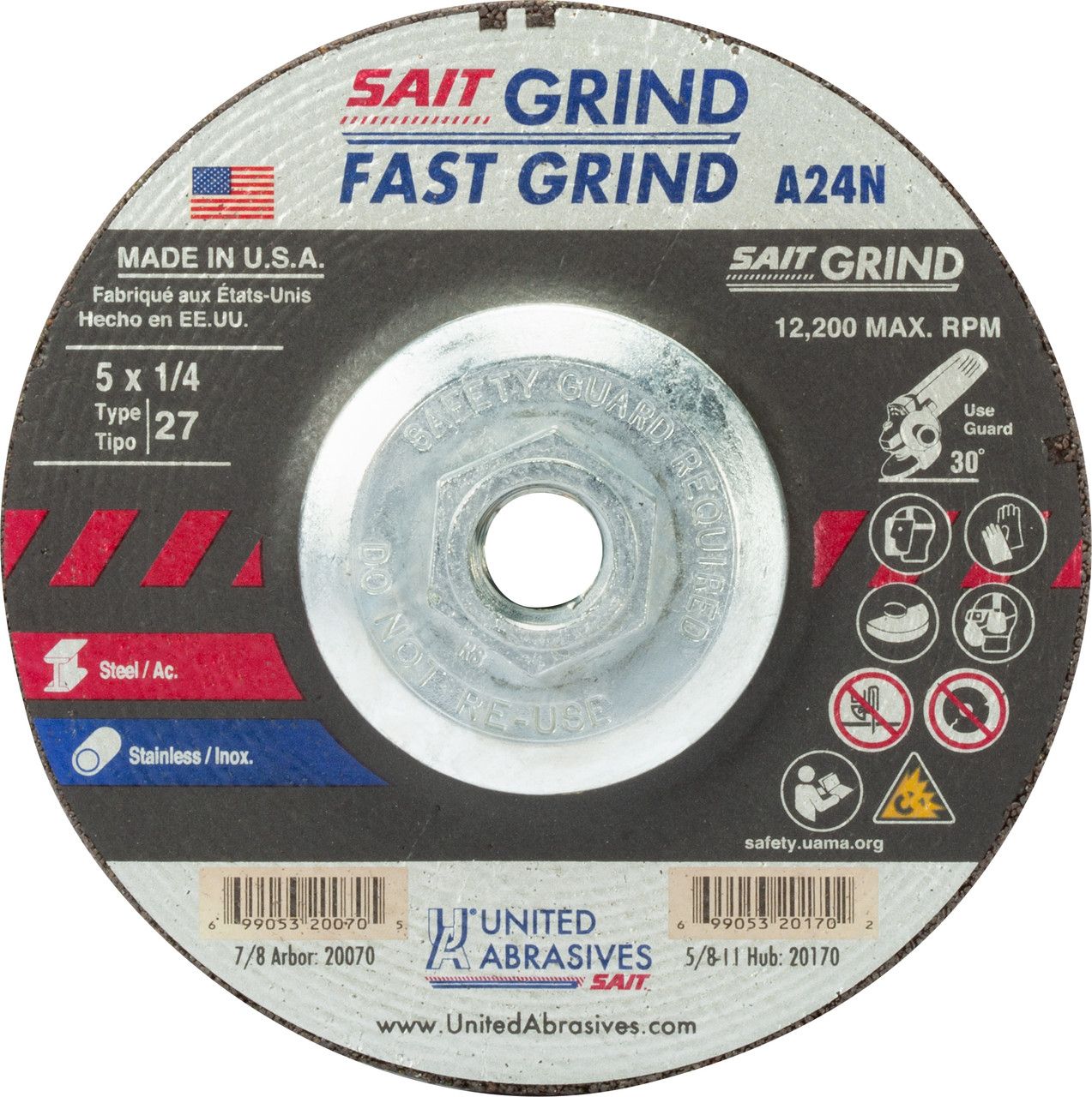 Refurbished United Abrasives SAIT 20170 A24N Fast Grinding Wheel 5" x 1/4" x 5/8-11" Type 27 ...